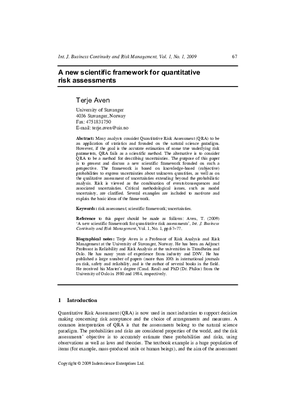 Pdf A New Scientific Framework For Quantitative Risk Assessments
