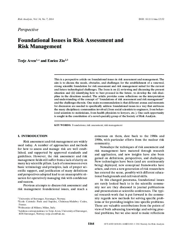 (PDF) Foundational Issues in Risk Assessment and Risk Management