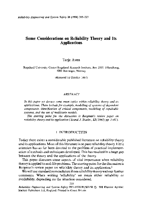 (PDF) Some considerations on reliability theory and its applications
