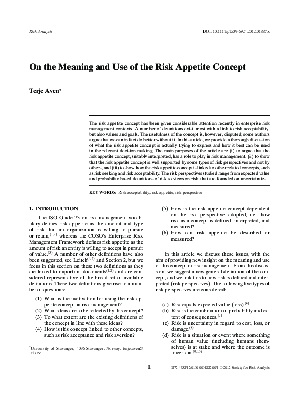 (PDF) On the meaning and use of the risk appetite concept