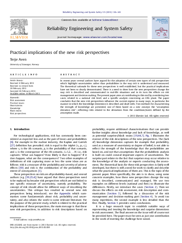 (PDF) Practical implications of the new risk perspectives