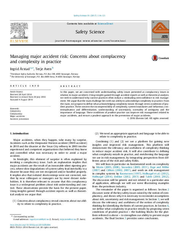 (PDF) Managing major accident risk: Concerns about complacency and ...