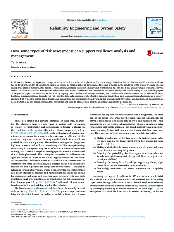 (PDF) How some types of risk assessments can support resilience ...