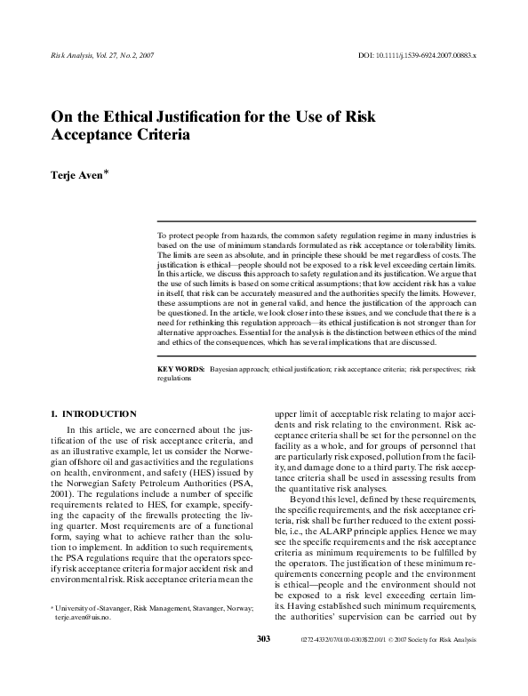 (PDF) On the Ethical Justification for the Use of Risk Acceptance Criteria