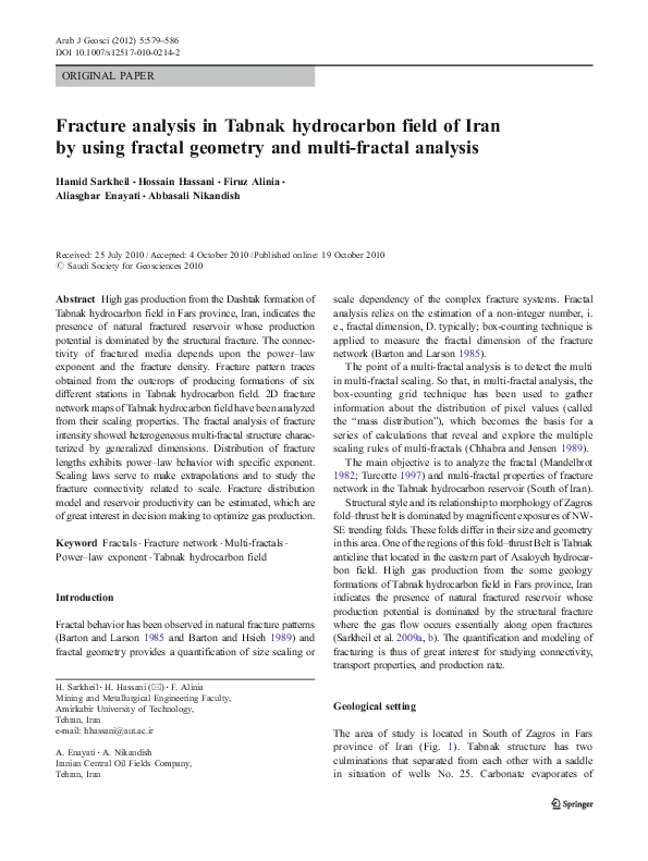 (PDF) Fracture analysis in Tabnak hydrocarbon field of Iran by using fractal geometry and multi ...