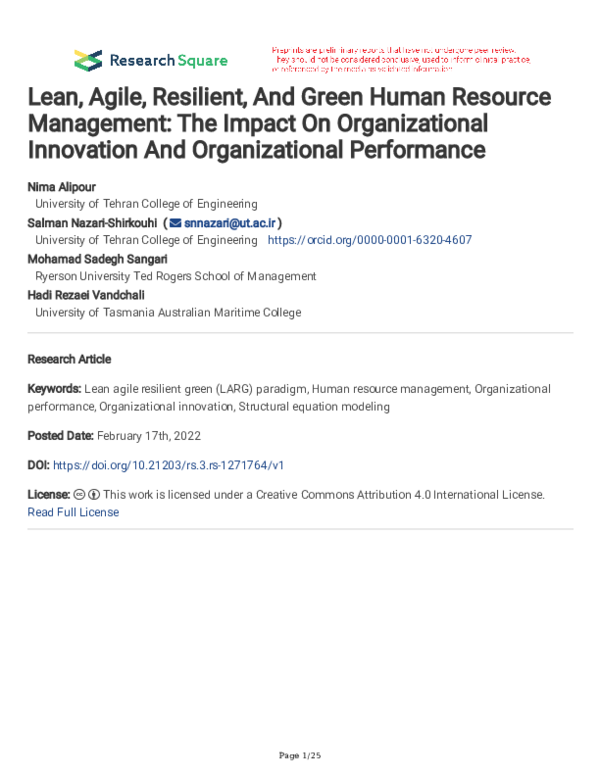 Pdf Lean Agile Resilient And Green Human Resource Management The Impact On Organizational