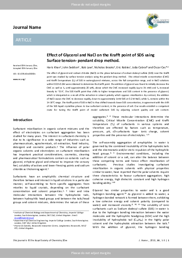 (PDF) Effect of glycerol with sodium chloride on the Krafft point of ...
