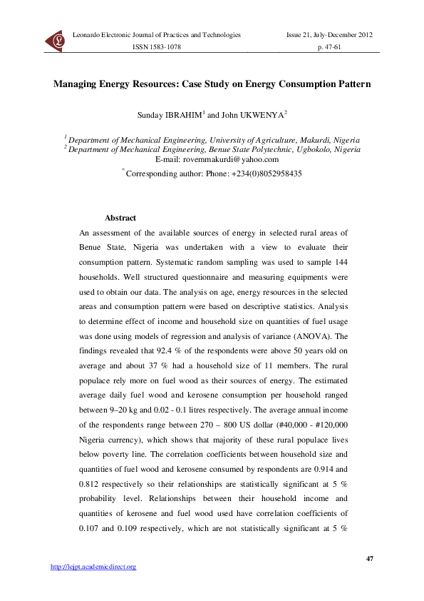 (PDF) Managing Energy Resources: Case Study on Energy Consumption Pattern