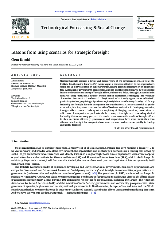 (PDF) Lessons from using scenarios for strategic foresight