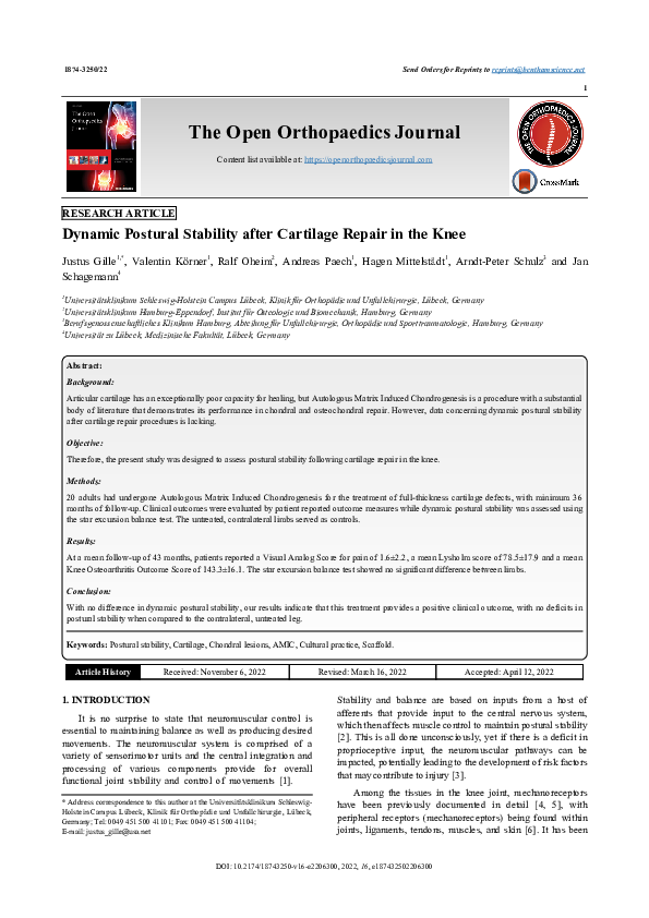 (PDF) Dynamic Postural Stability after Cartilage Repair in the Knee
