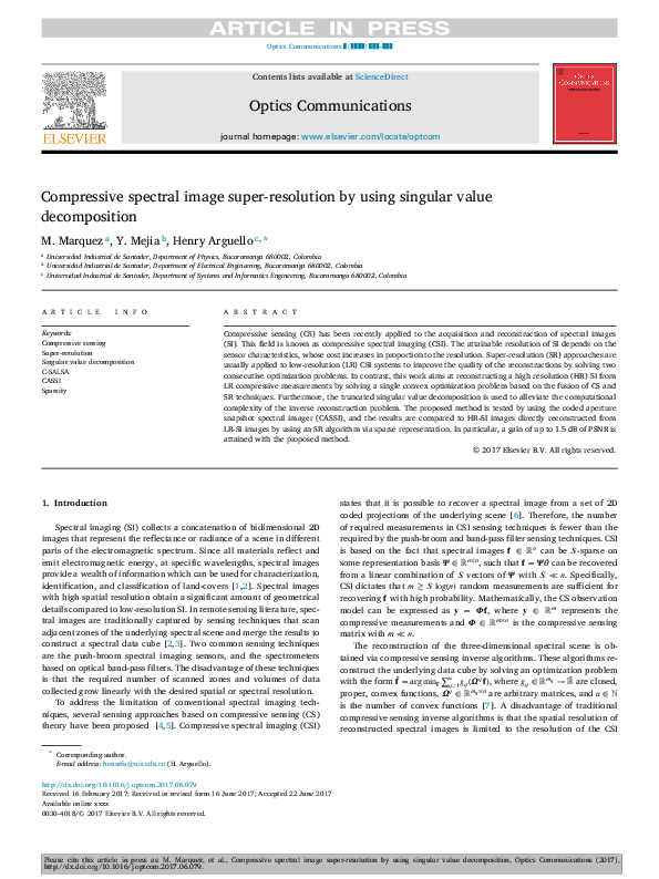Pdf Compressive Spectral Image Super Resolution By Using Singular Value Decomposition