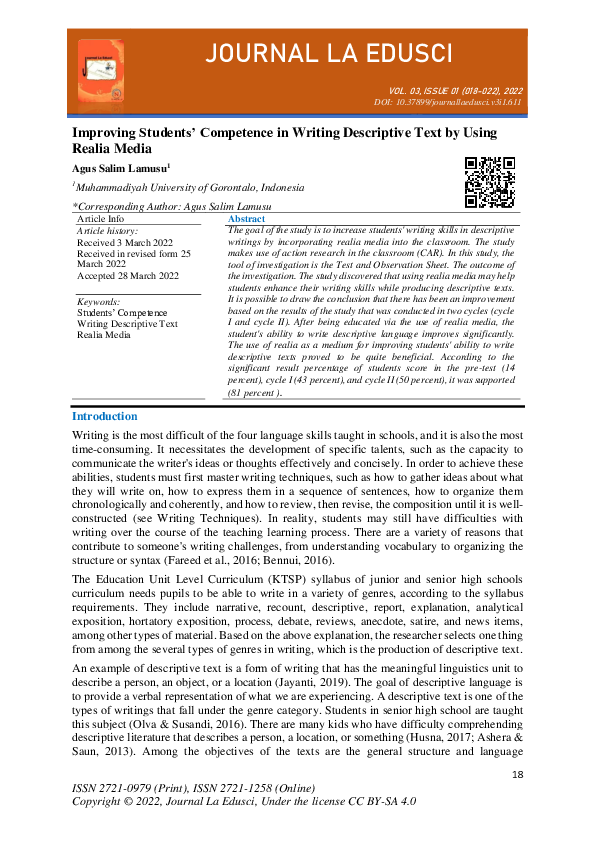 (PDF) Improving Students’ Competence in Writing Descriptive Text by Using Realia Media