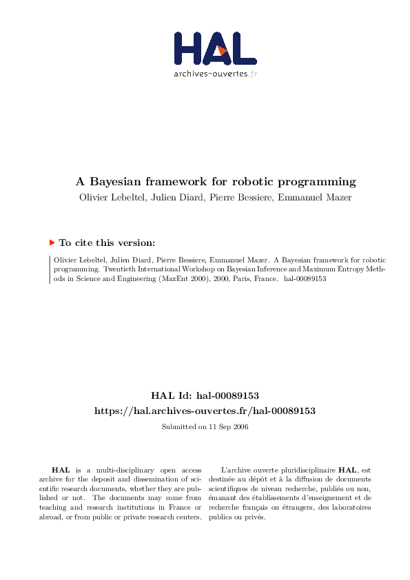 Pdf A Bayesian Framework For Robotic Programming Emmanuel Mazer