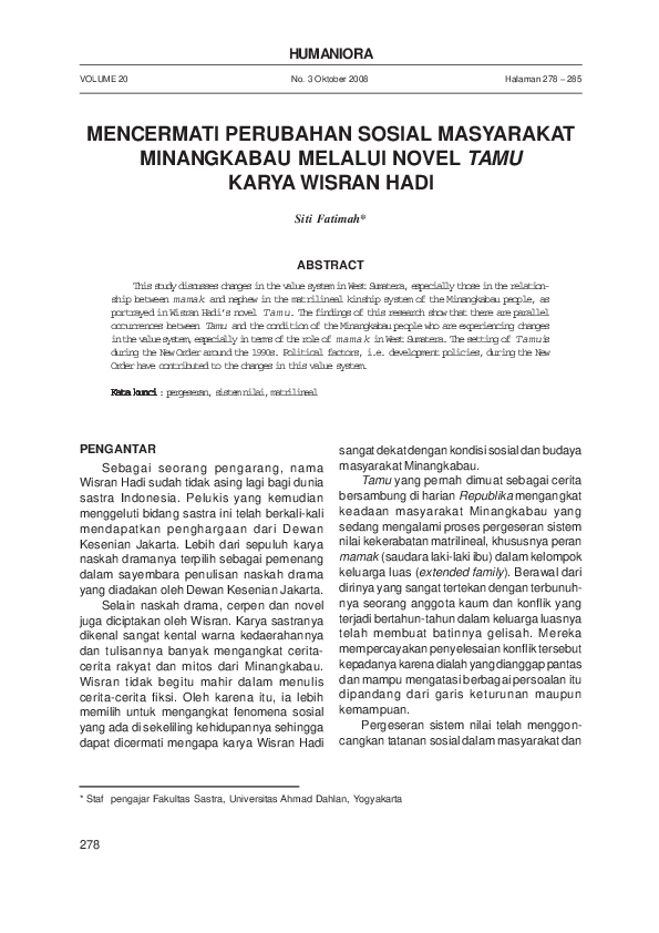 (PDF) Mencermati Perubahan Sosial Masyarakat Minangkabau Melalui Novel Tamu Karya Wisran Hadi