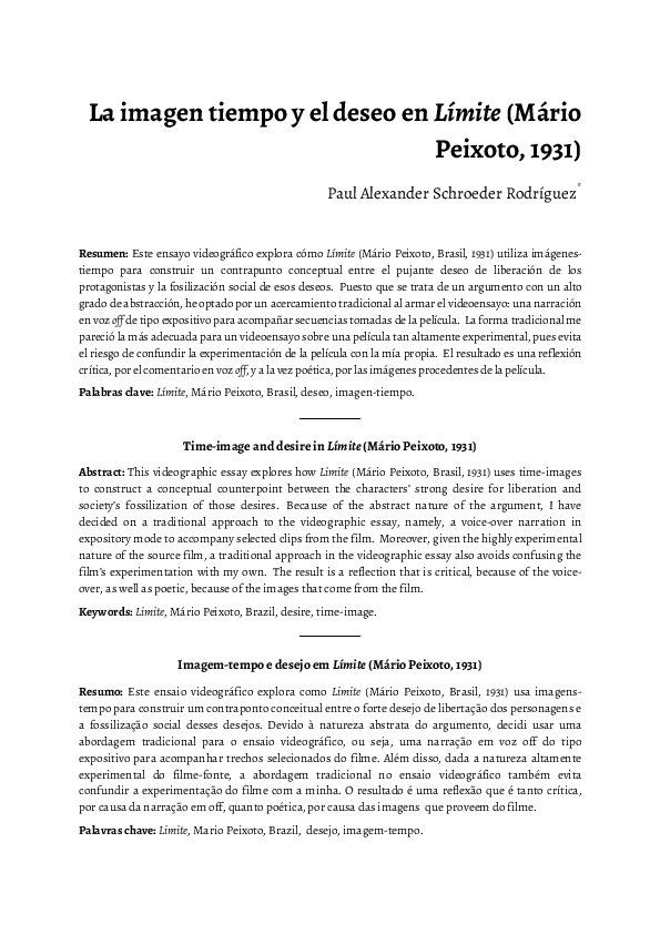 (PDF) La imagen tiempo y el deseo en Límite (Mário Peixoto, 1931)