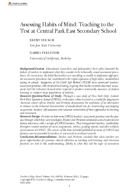 (PDF) Assessing Habits of Mind: Teaching to the Test at Central Park ...
