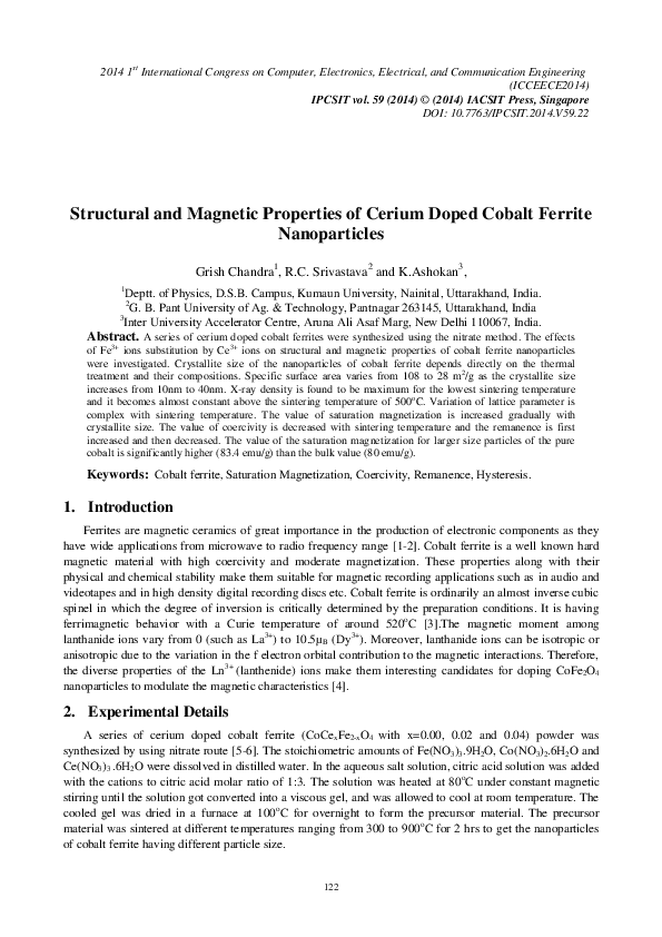 (PDF) Structural and Magnetic Properties of Cerium Doped Cobalt Ferrite Nanoparticles