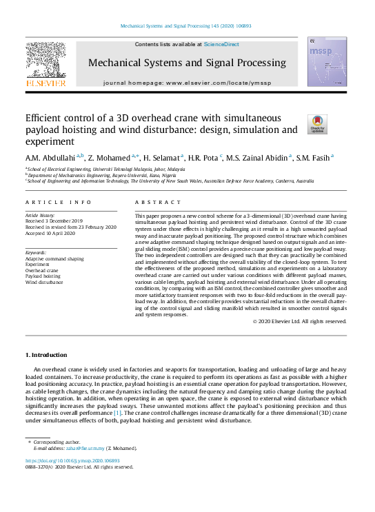 Pdf Efficient Control Of A 3d Overhead Crane With Simultaneous Payload Hoisting And Wind