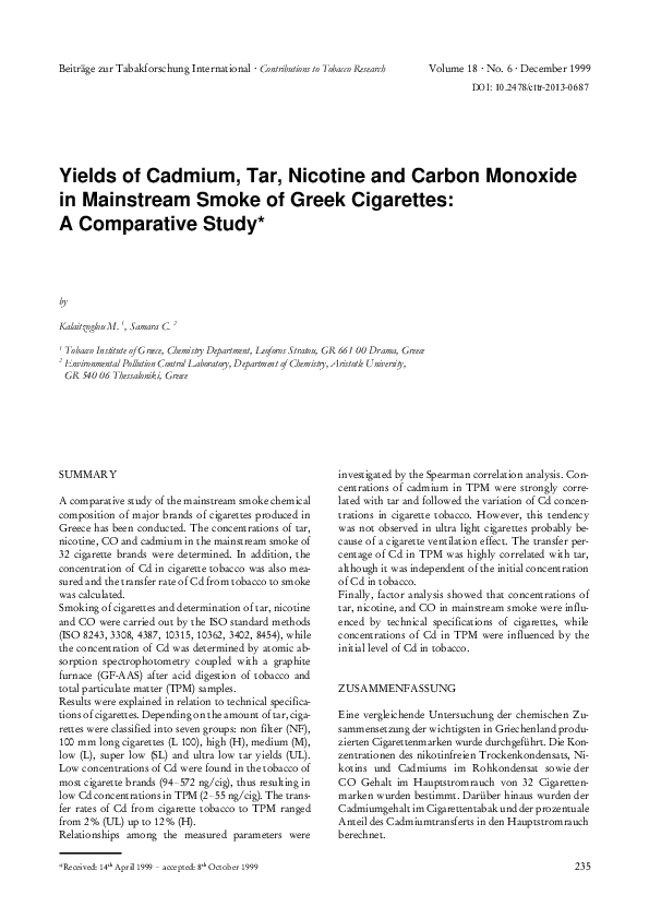 (PDF) Yields of Cadmium, Tar, Nicotine and Carbon Monoxide in ...