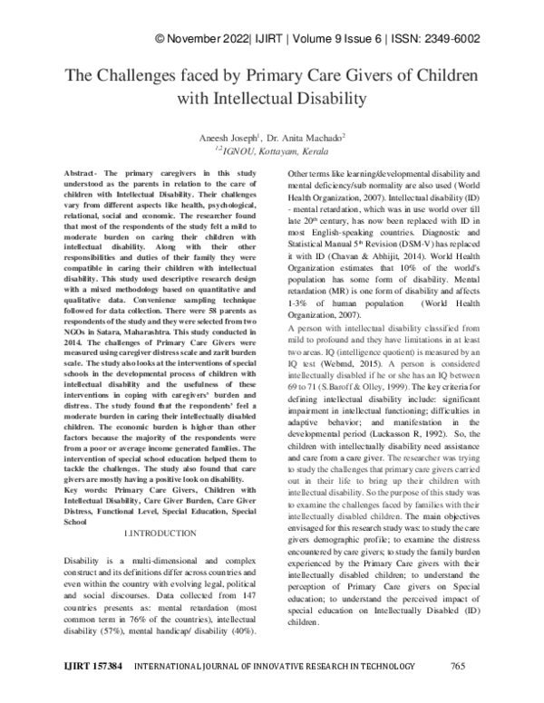 (PDF) The Challenges faced by Primary Care Givers of Children with ...