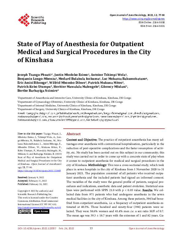 (PDF) State of Play of Anesthesia for Outpatient Medical and Surgical ...