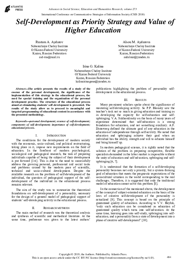 (PDF) Self-Development as Priority Strategy and Value of Higher Education