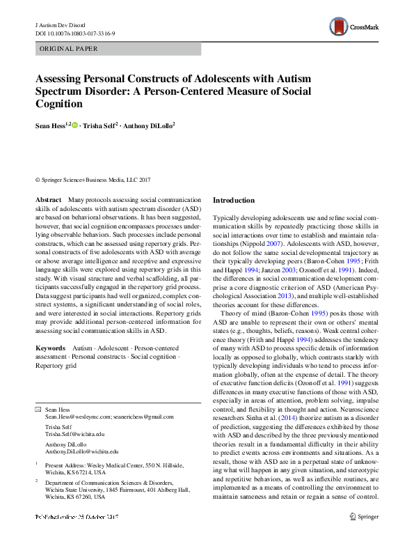 (PDF) Assessing Personal Constructs of Adolescents with Autism Spectrum Disorder: A Person ...