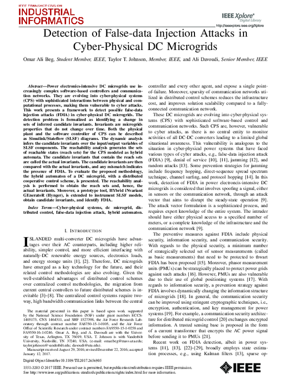 Pdf Detection Of False Data Injection Attacks In Cyber Physical Dc
