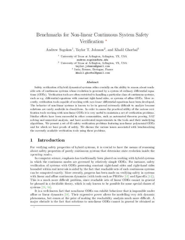 (PDF) Benchmarks for Non-linear Continuous System Safety Verification