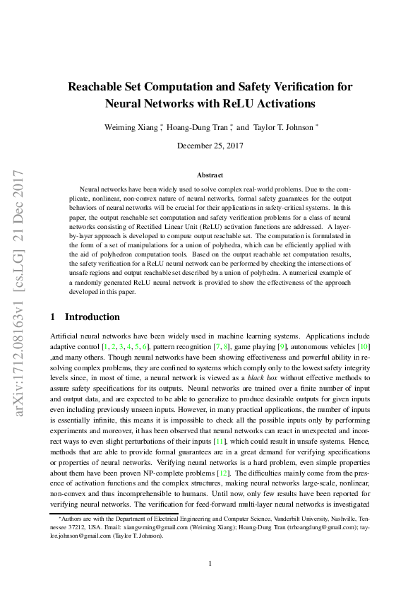 Pdf Reachable Set Computation And Safety Verification For Neural Networks With Relu Activations