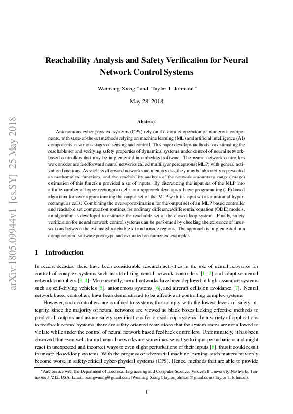 (PDF) Reachability Analysis and Safety Verification for Neural Network Control Systems