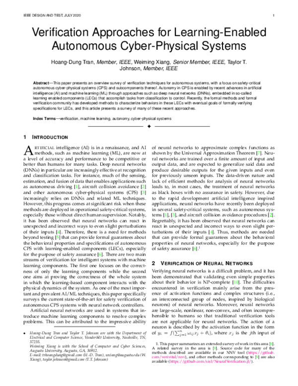 Pdf Verification Approaches For Learning Enabled Autonomous Cyber Physical Systems