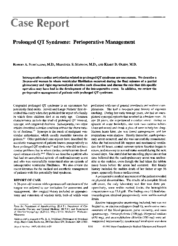 (PDF) Prolonged QT Syndrome: Perioperative Management