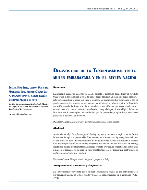 (PDF) Diagnóstico de la Toxoplasmosis en la mujer embarazada y en el recién nacido