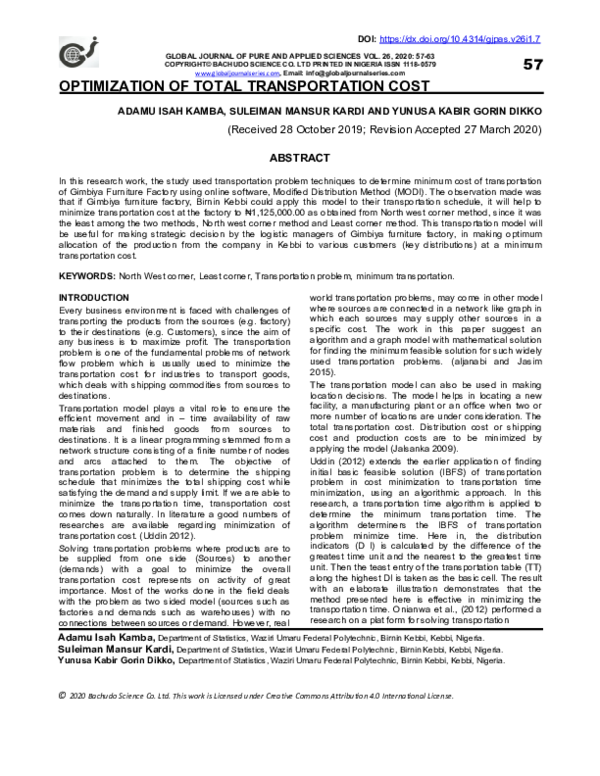 (PDF) Optimization of total transportation cost