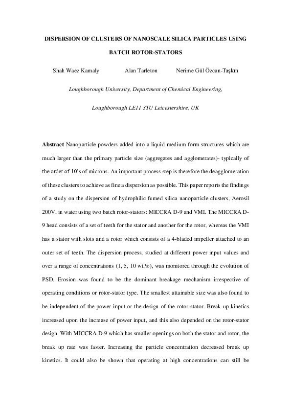 (PDF) Dispersion of clusters of nanoscale silica particles using batch rotor-stators