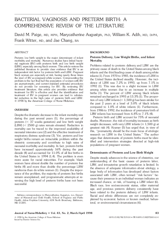 (PDF) Bacterial Vaginosis and Preterm Birth: A Comprehensive Review of the Literature