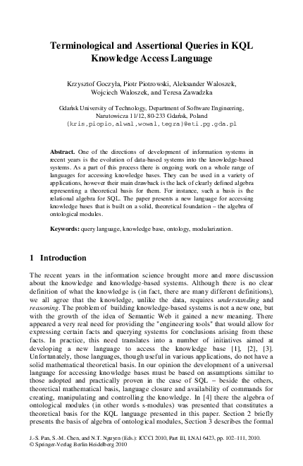 (PDF) Terminological and Assertional Queries in KQL Knowledge Access Language