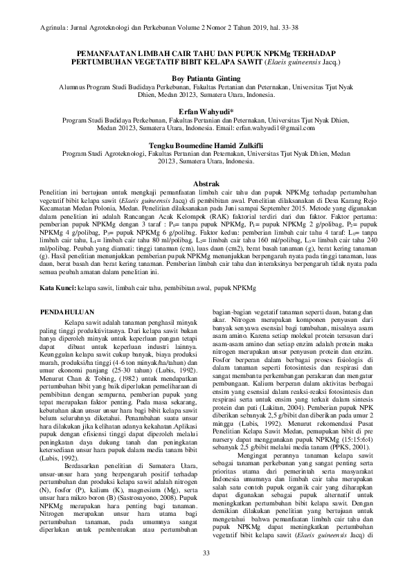 (PDF) Pemanfaatan Limbah Cair Tahu dan Pupuk NPKMg terhadap Pertumbuhan Vegetatif Bibit Kelapa ...
