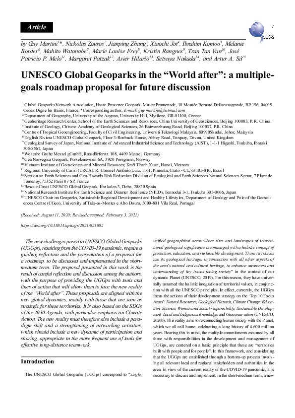(PDF) UNESCO Global Geoparks in the "World after": a multiplegoals ...