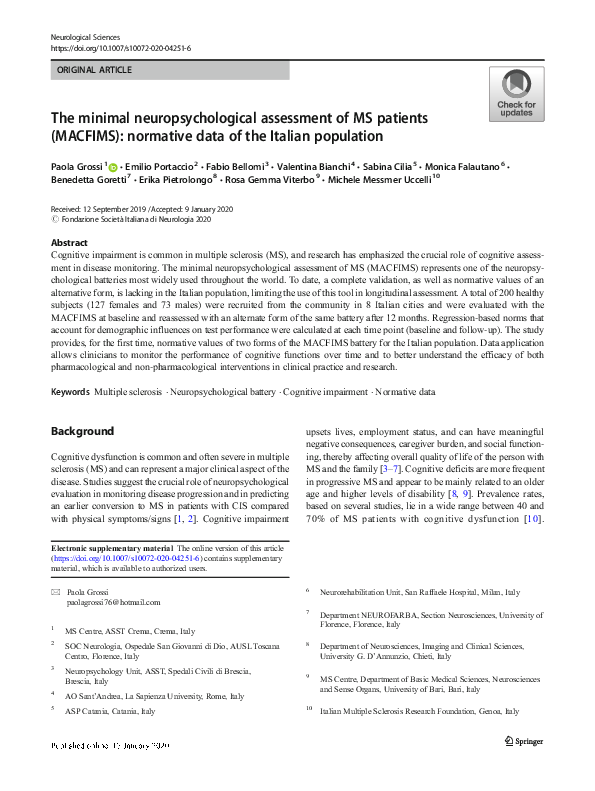 Pdf The Minimal Neuropsychological Assessment Of Ms Patients Macfims Normative Data Of The