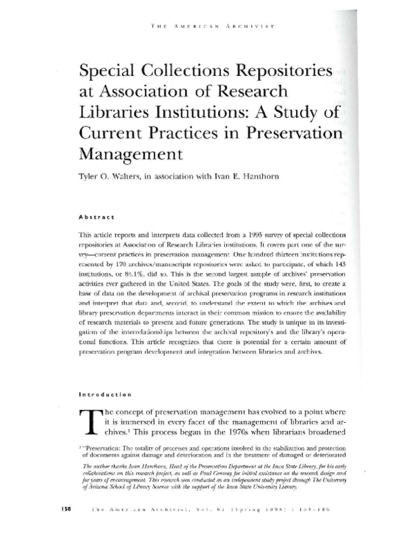 (PDF) Special Collections Repositories at Association of Research Libraries Institutions: A ...