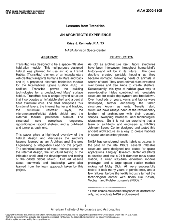 (PDF) Lessons from TransHAB: An Architect's Experience