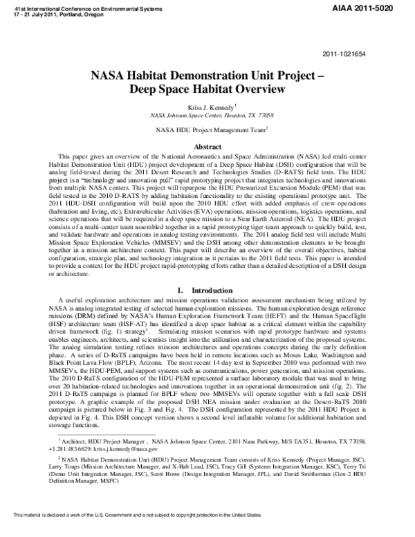 (PDF) NASA Habitat Demonstration Unit Project - Deep Space Habitat Overview