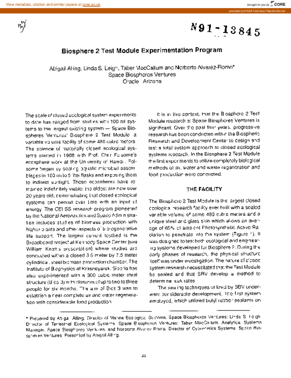 (PDF) Biosphere 2 test module experimentation program