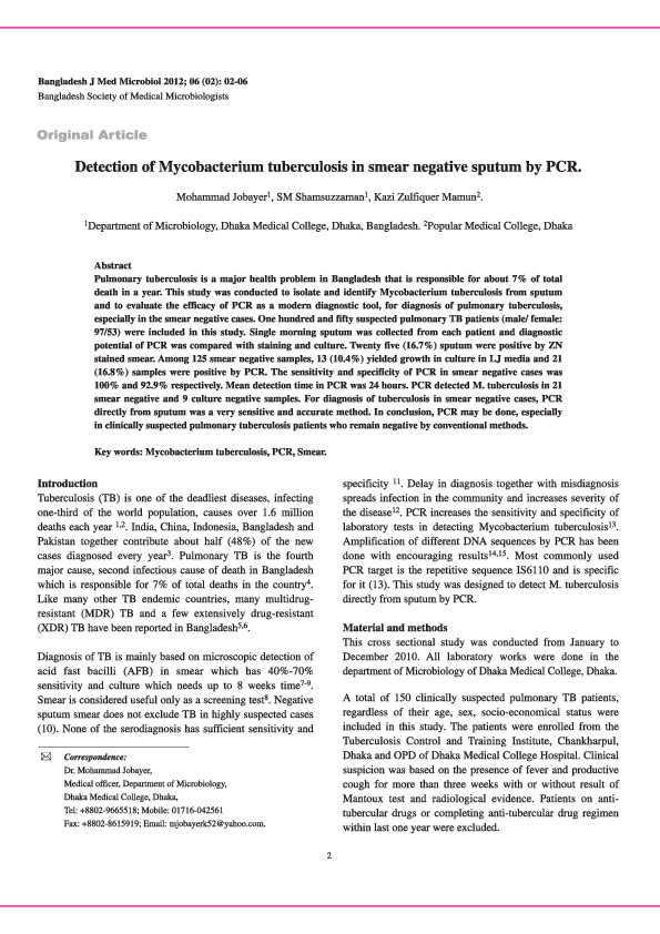 (PDF) Detection of Mycobacterium tuberculosis in smear negative sputum ...