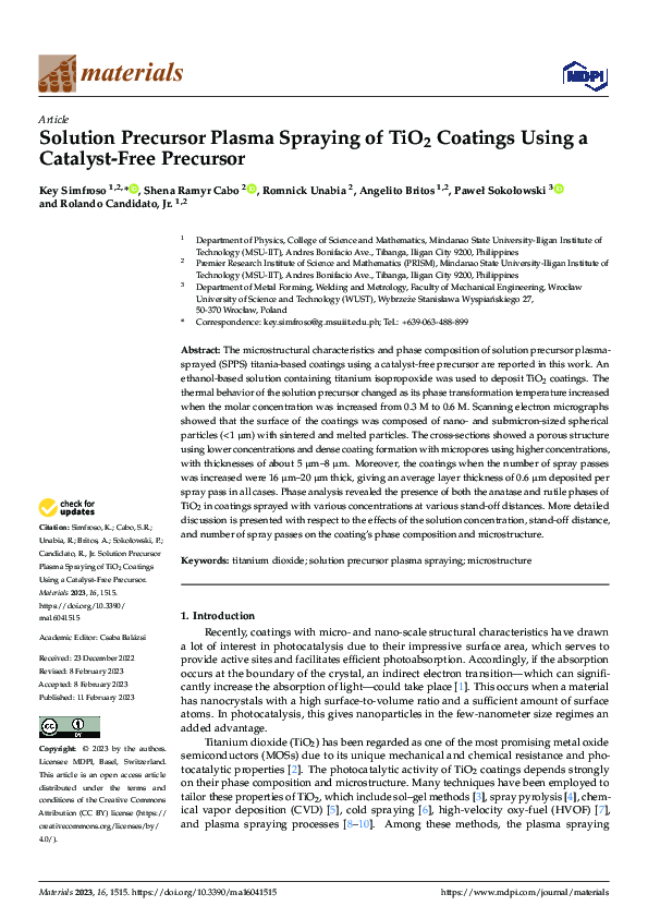 Pdf Solution Precursor Plasma Spraying Of Tio2 Coatings Using A Catalyst Free Precursor