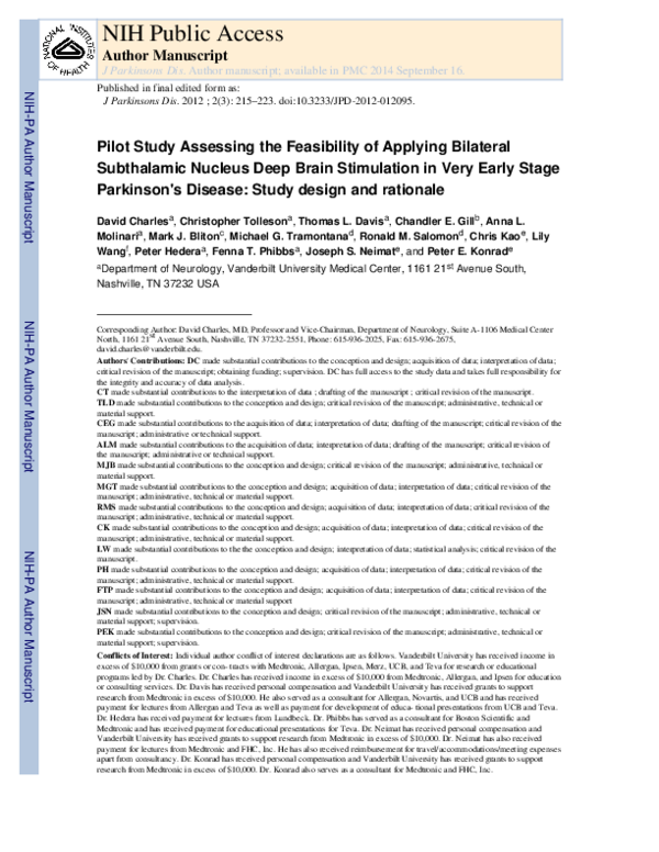 (PDF) Pilot study assessing the feasibility of applying bilateral subthalamic nucleus deep brain ...