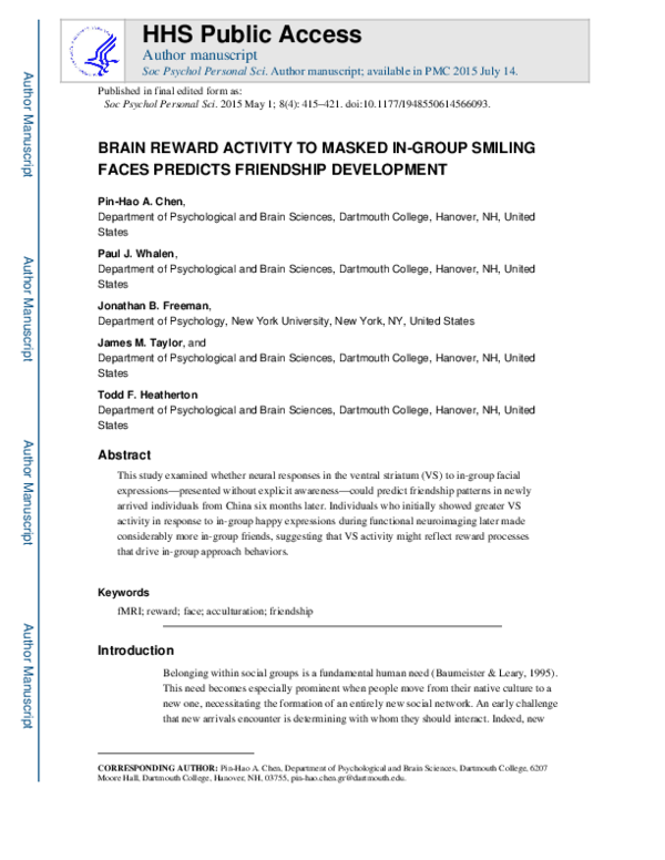 (PDF) Brain Reward Activity to Masked In-Group Smiling Faces Predicts ...