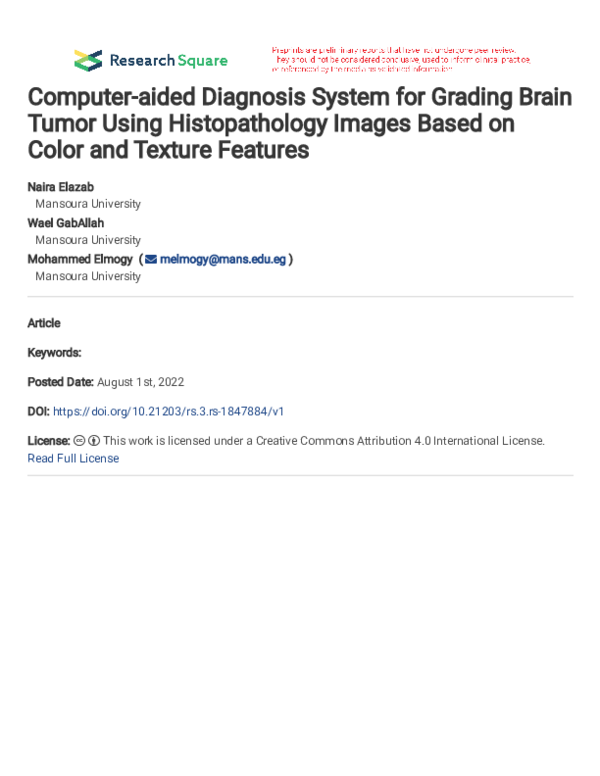 Pdf Computer Aided Diagnosis System For Grading Brain Tumor Using Histopathology Images Based